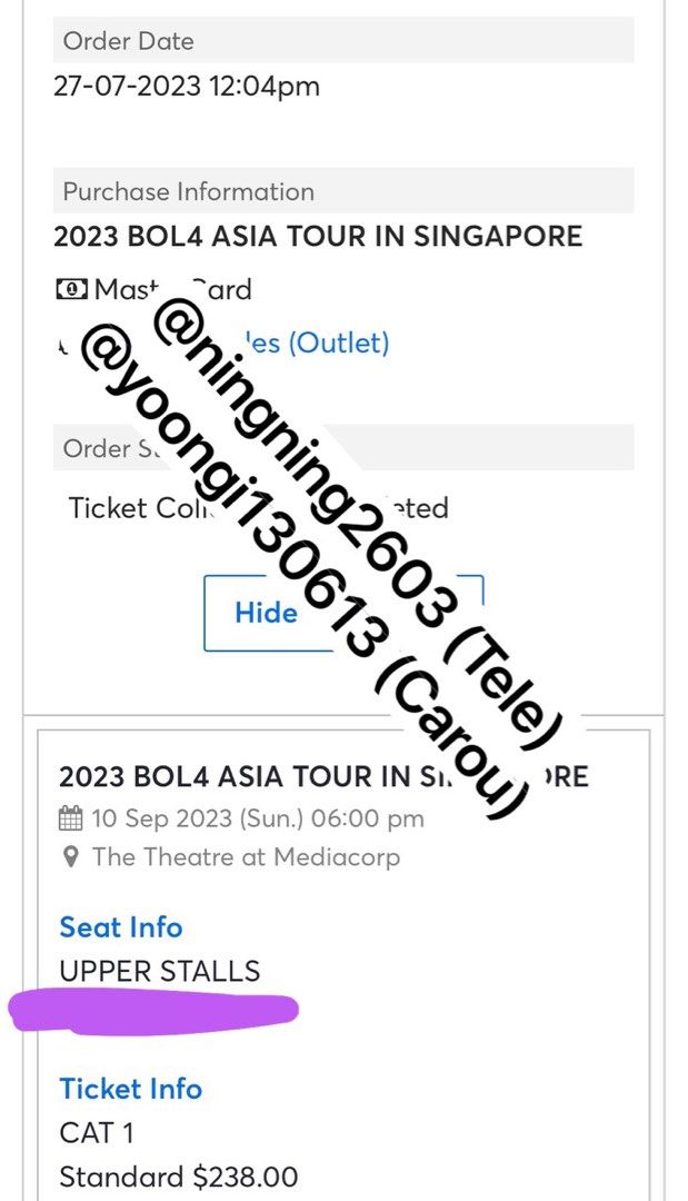 [LOWER THEN RETAIL] WTS Kpop BOL4 Asia Tour Singapore Concert Ticket Cat 1 Physical, Tickets ...