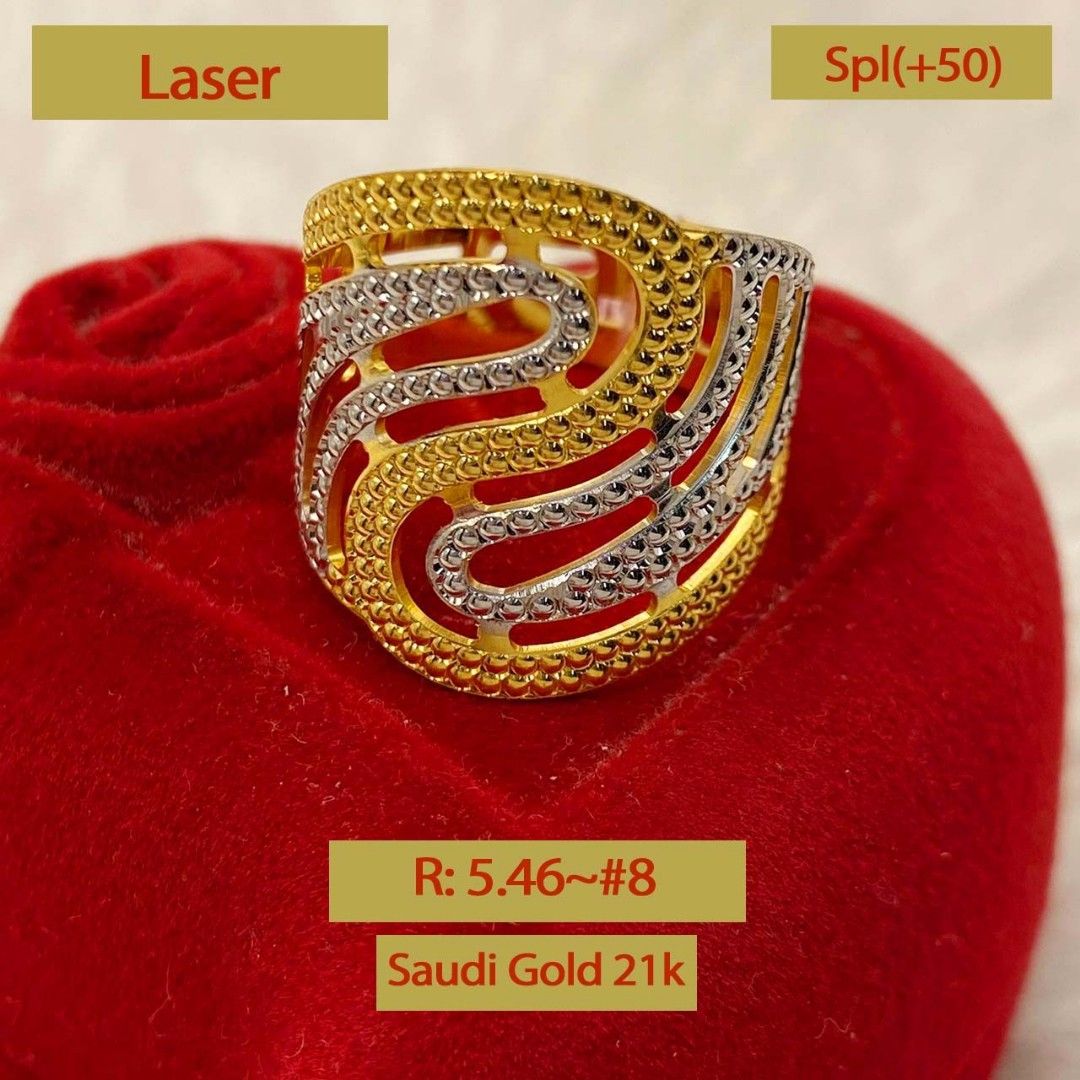 21k Saudi Gold Laser Two-tone Swiggle Ring, Women's Fashion, Jewelry ...