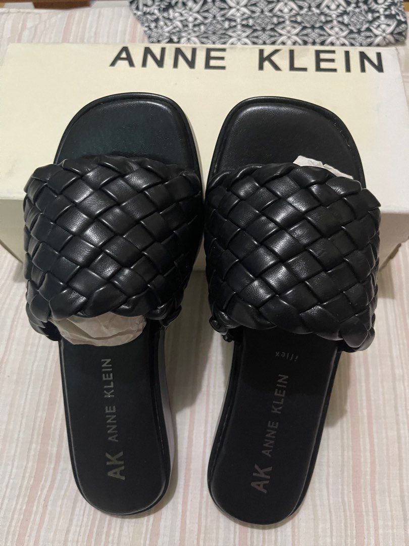 ANNE KLEIN Leather Black Woven Platform Slides on Carousell