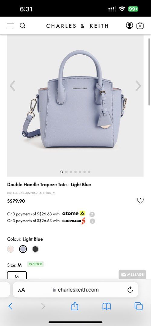 Charles & Keith Bag - Double Handle Trapaze Tote - Light Blue, Luxury ...