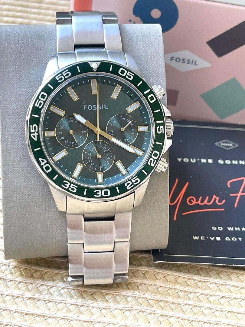 Fossil US Bannon Chronograph Silver-tone Stainless Steel Green dial Men ...