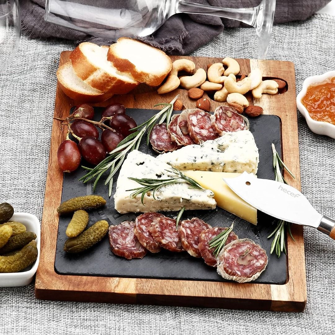 hecef Acacia Wood Cheese Board Set with Black Slate & Cheese knife ...
