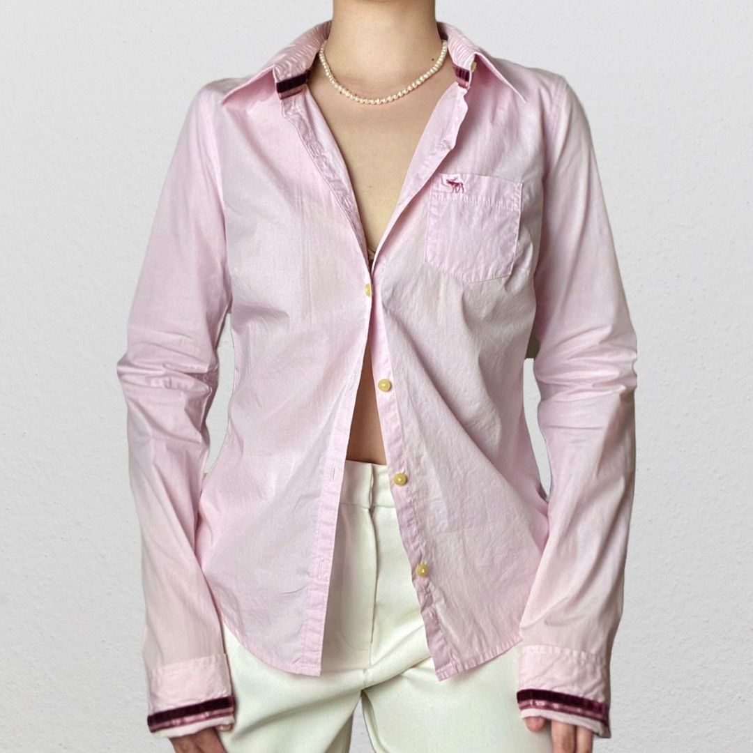 preppy old money chic pastel pink long sleeves collared top on Carousell