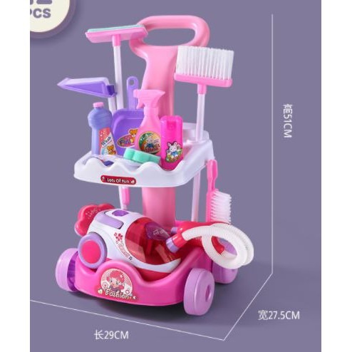 Pretend Play Cleaning Trolley Set with Broom Mop Duster Vacuum Cleaner ...