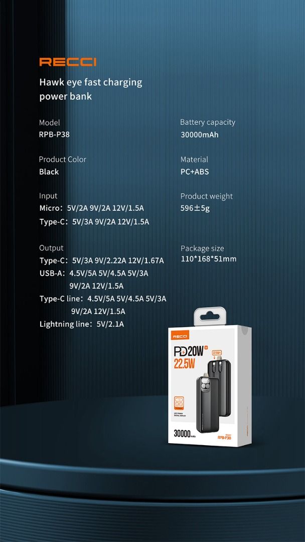 Recci RPB-P38 PD 20W + 22.5W 30000mAh Power Bank with Built-in Type-C & Lightning Cable, Mobile ...