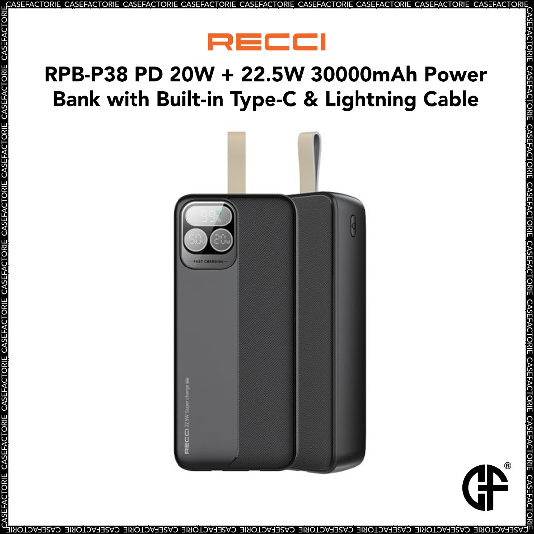 Recci RPB-P38 PD 20W + 22.5W 30000mAh Power Bank with Built-in Type-C & Lightning Cable, Mobile ...