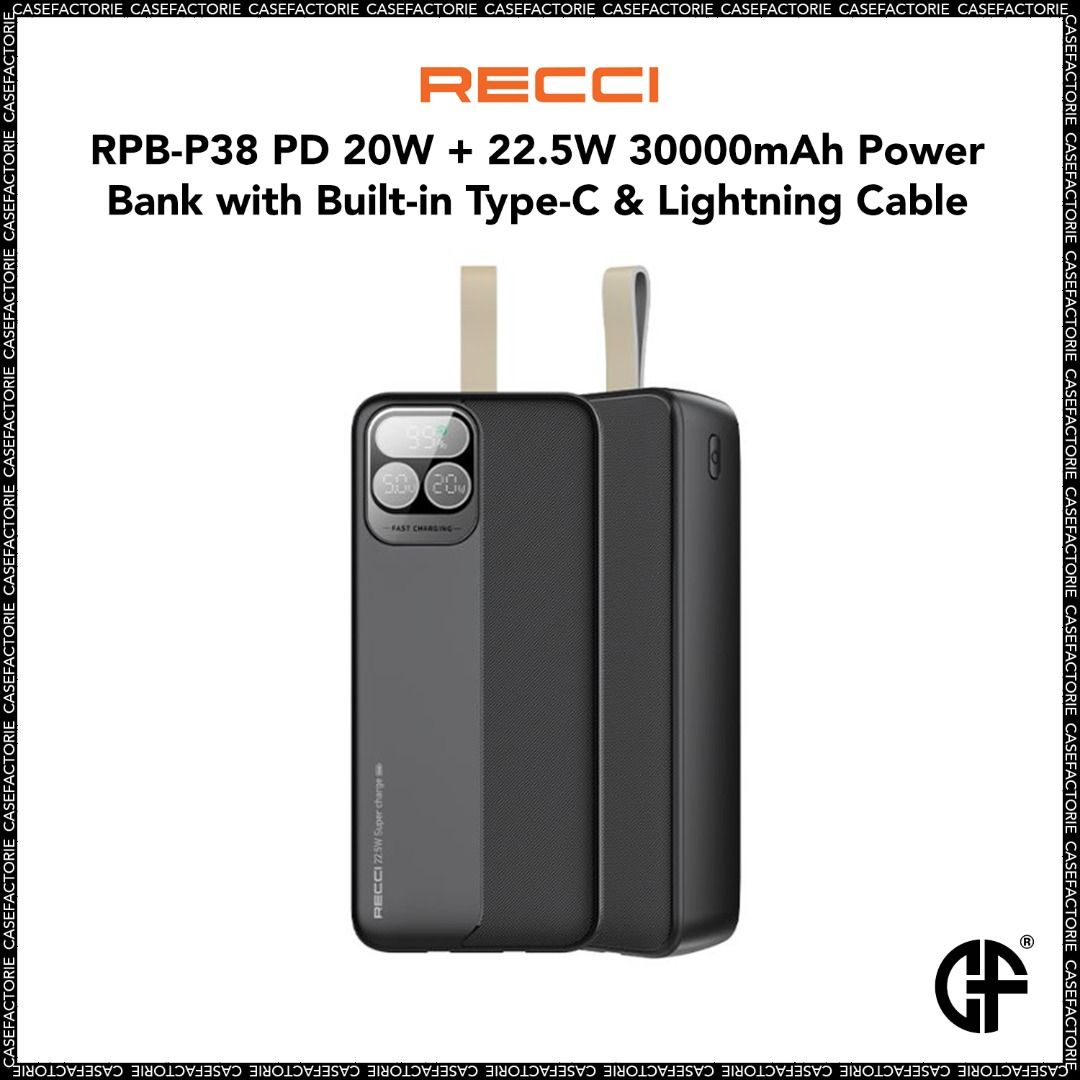 Recci RPB-P38 PD 20W + 22.5W 30000mAh Power Bank with Built-in Type-C & Lightning Cable, Mobile ...