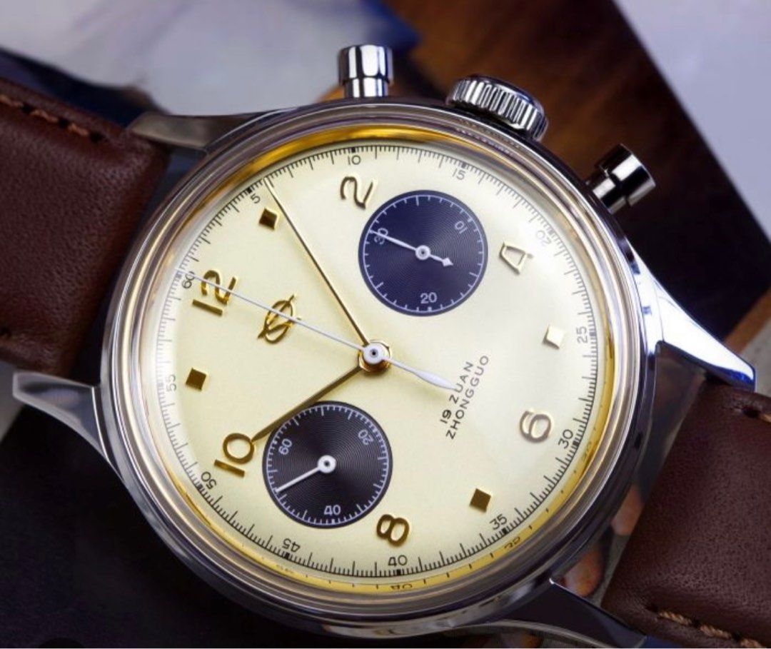 Seagull 1963 38mm (Beige color Panda)Acrylic Glass Pilot Chronograph ...