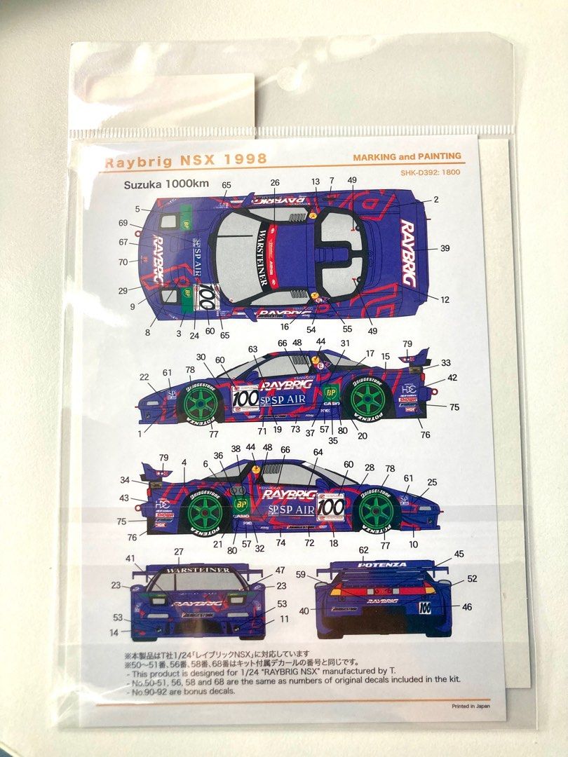 Shunko 1/24 Honda nsx raybrig decal 水紙 not tamiya, 興趣及遊戲, 玩具 & 遊戲類 ...