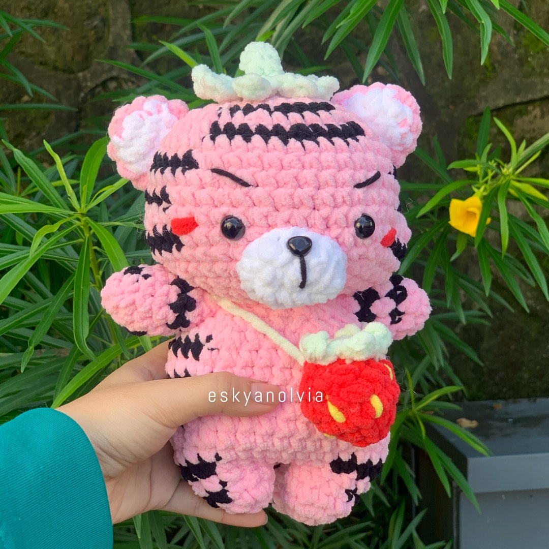 Strawberry Pink Tiger Handmade Crochet Stuffed Toy on Carousell