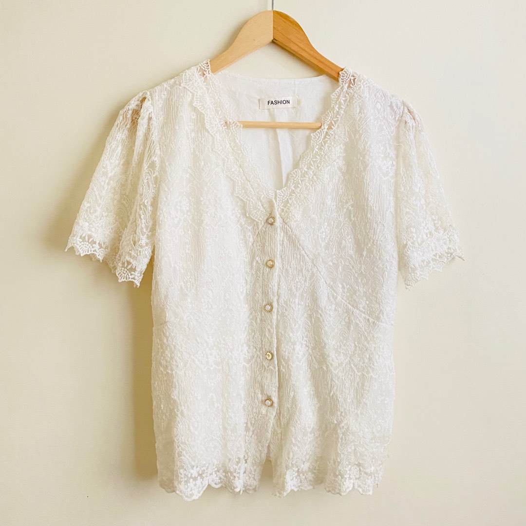 White Lace Dainty Top, Women's Fashion, Tops, Blouses on Carousell