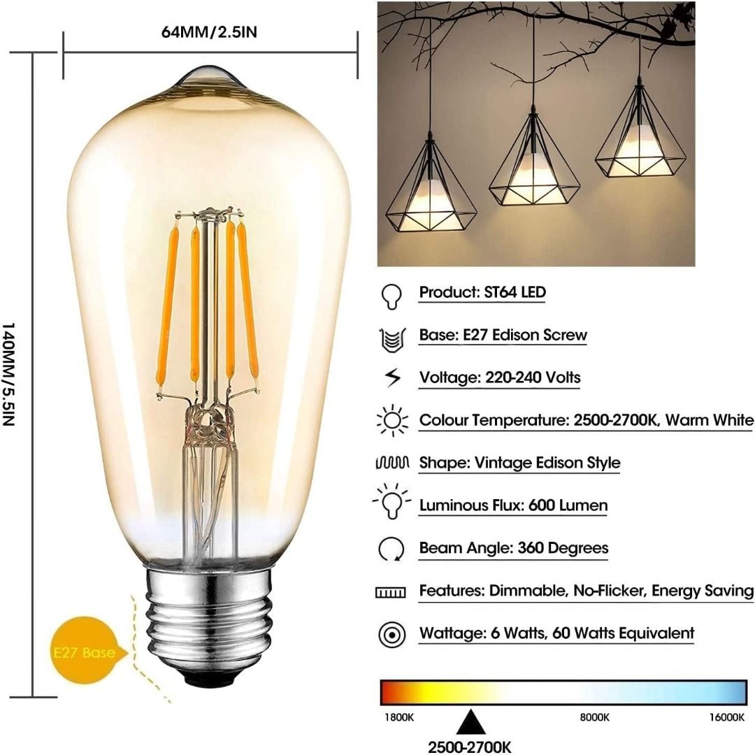 AidSci Dimmable Edison LED Bulb, 6W 600LM Vintage LED Filament Light Bulb E27 Edison Screw Lamp ...