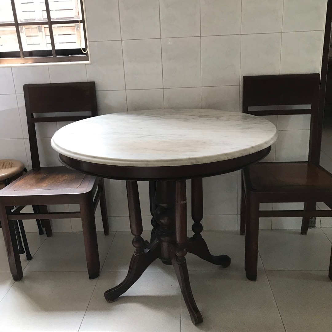 Antique Marble Top Kopitiam Table with 2 chair, Furniture & Home Living ...
