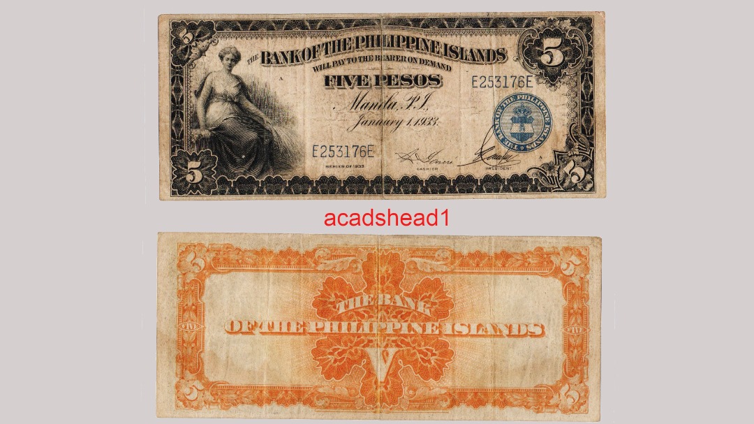 BPI 5p 1933 Pesos Banknotes Antique Bank of the Philippine Islands Old ...