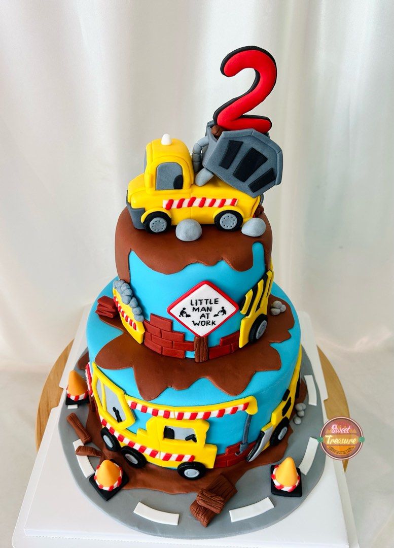 Construction site fondant cake (dump truck, cement mixer, excavator ...
