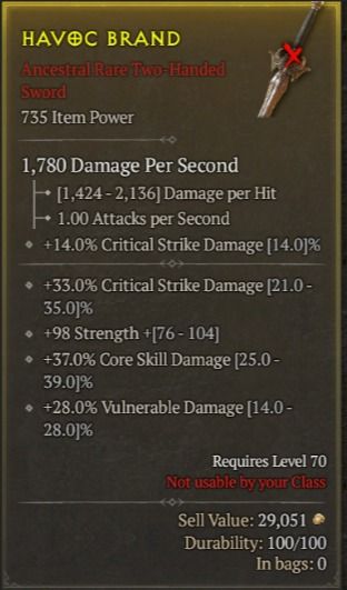 Havoc Brand- Ancestral Rare Two-Handed Sword 735 Item Power, Video ...