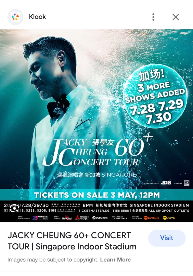 I want 1 pair Jacky Cheung concert ticket (29 Jul) side by side, Tickets & Vouchers, Event ...