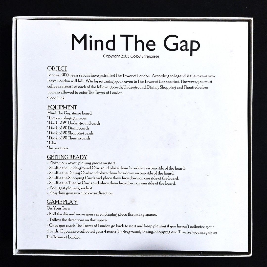 Mind The Gap Boardgame (Complete, Collectible Raven Pieces), Hobbies ...