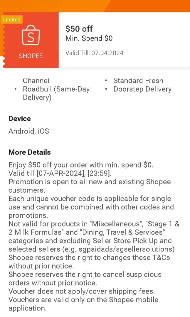 Shopee E-Gift Card S$50, Tickets & Vouchers, Vouchers on Carousell