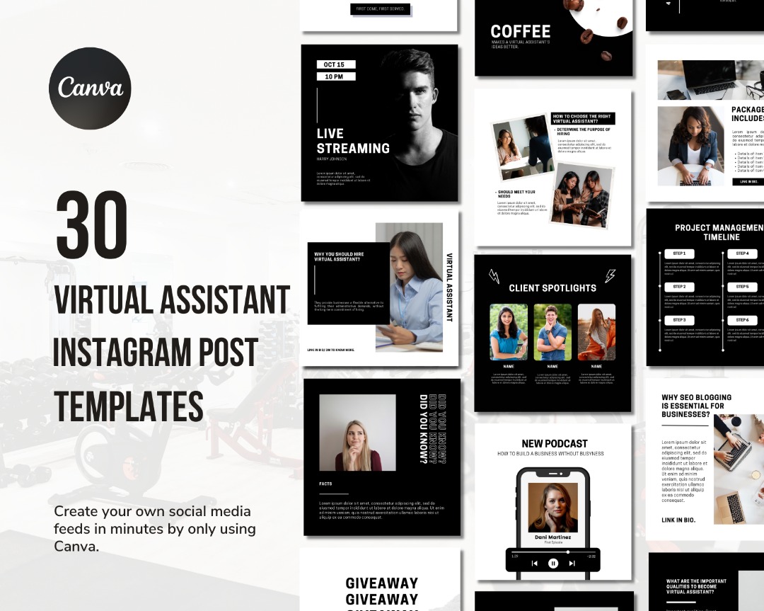 30 Minimalist Virtual Assistant Social Media Templates| VA Instagram ...