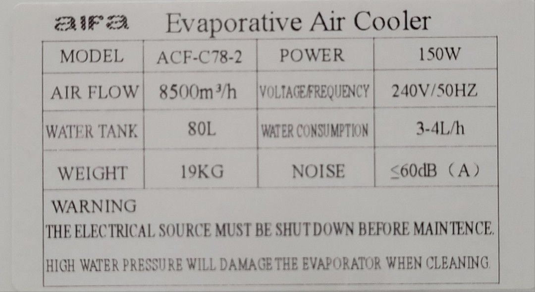 Aifa Air Cooler Acf-C78-2, TV & Home Appliances, Air Conditioners ...