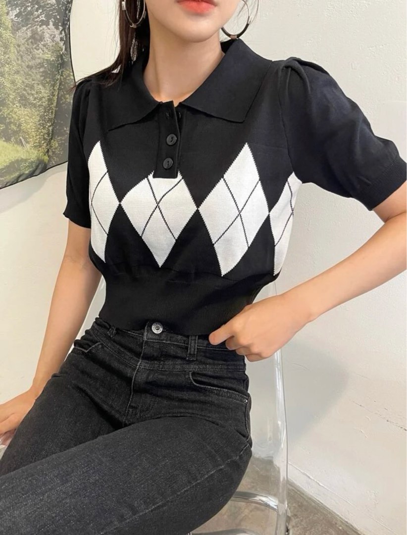 Korean Blouse Half Button Puff Sleeve Knit Top Geo Pattern Dazy Shein ...
