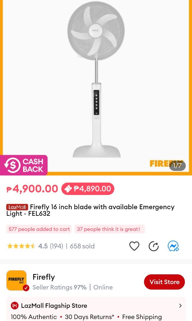 Firefly 16 Inch Rechargeable Fan (FEL632), TV & Home Appliances, Air ...