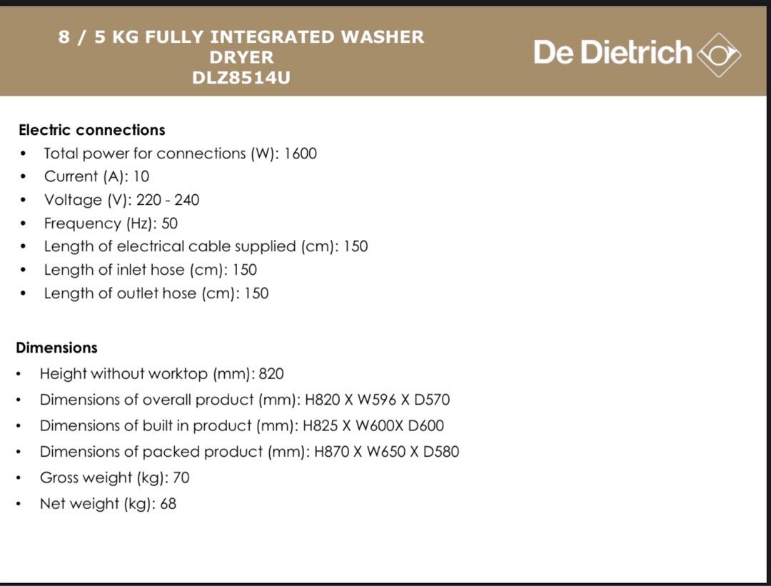 DE DIETRICH FULL BUILT-IN WASHER-DRYER DLZ8514U, TV & Home Appliances ...