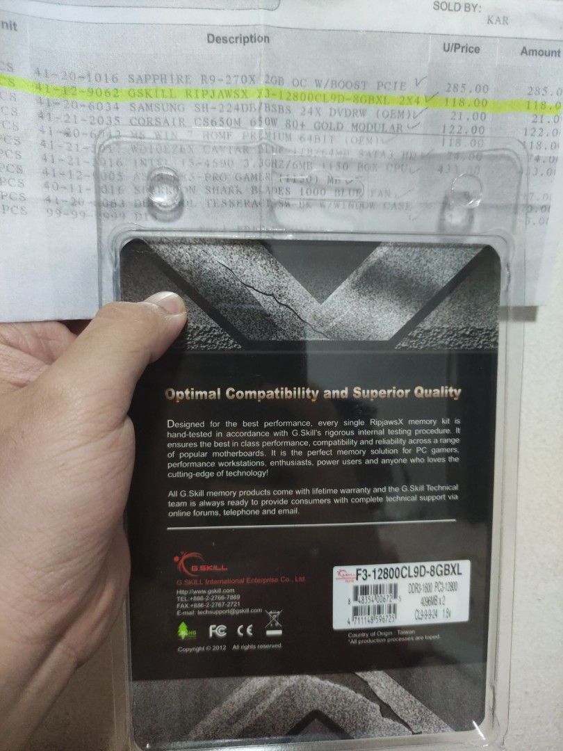 Gaming RAM G.Skill Ripjaws X DDR3 1600 Mhz 8GB RAM (4GB x 2), Computers ...