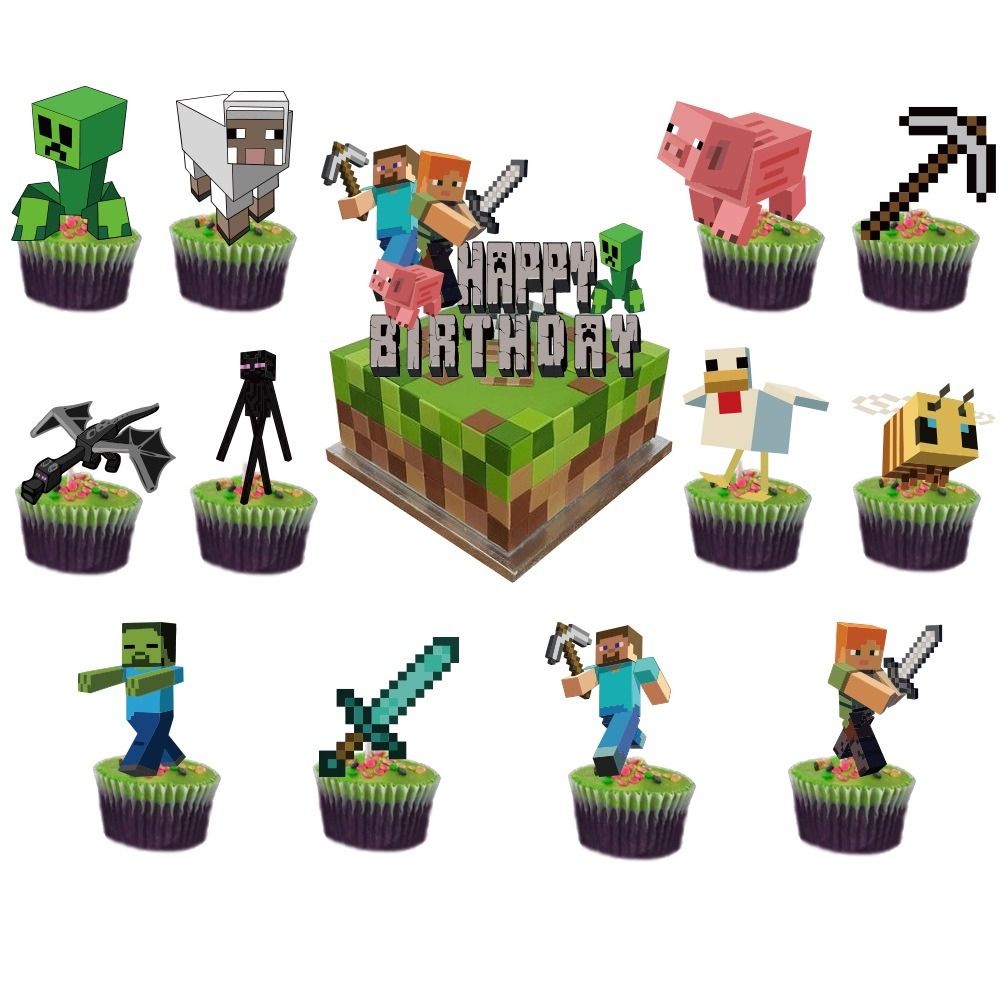 Minecraft Birthday Theme Set: Happy Birthday Banner, Big Cake Topper ...