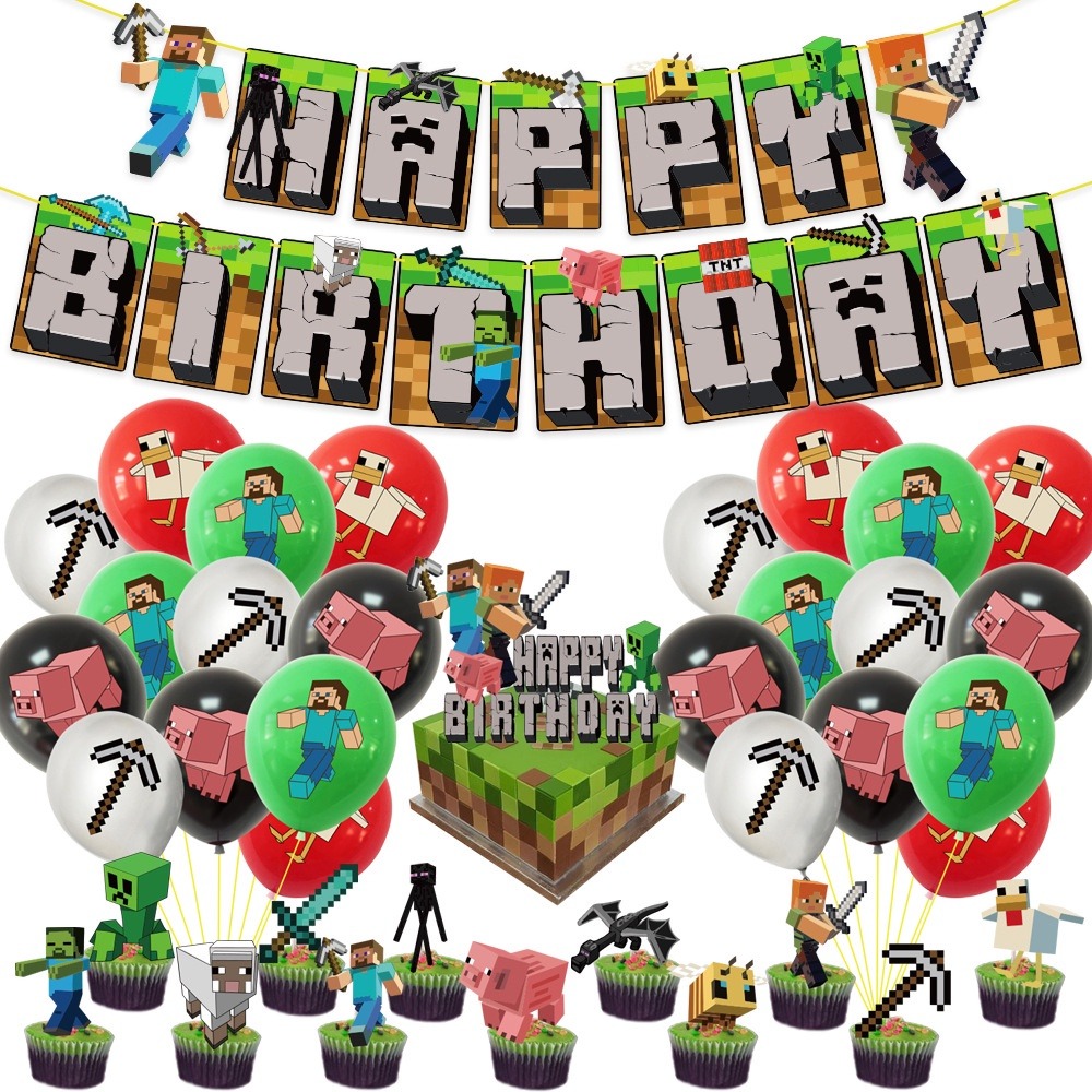 Minecraft Birthday Theme Set: Happy Birthday Banner, Big Cake Topper ...