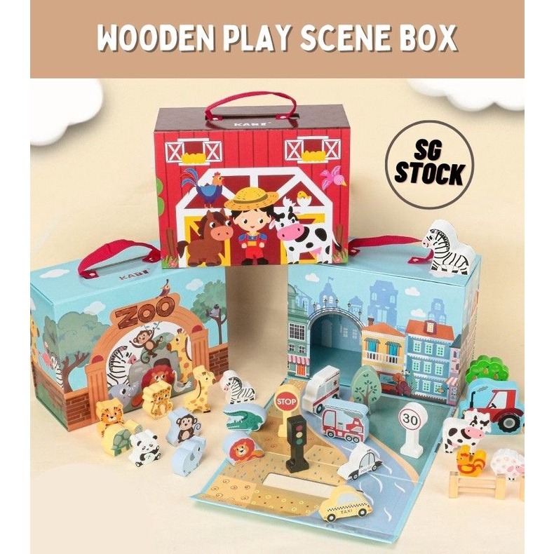 Small world play scene boxes | Zoo City Farm | Wooden portable pretend ...