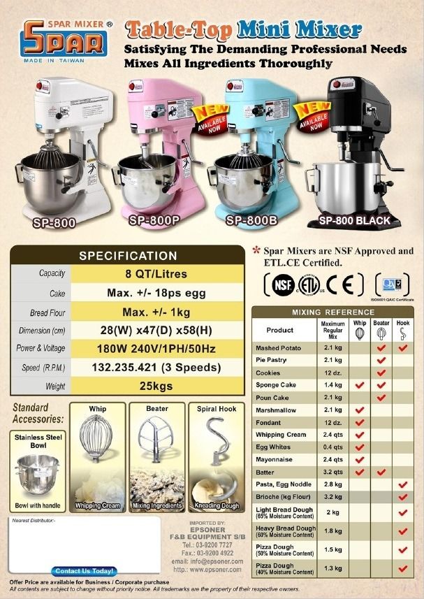 SPAR Table Top Mixer SP-800 - Black (8.0L/180W) Stand Bowl-Lift Heavy ...