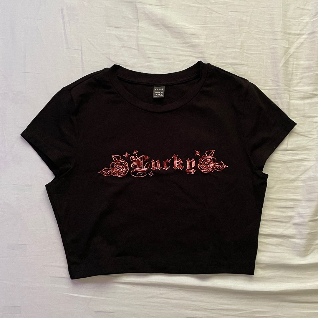 y2k rhinestone black baby tee on Carousell