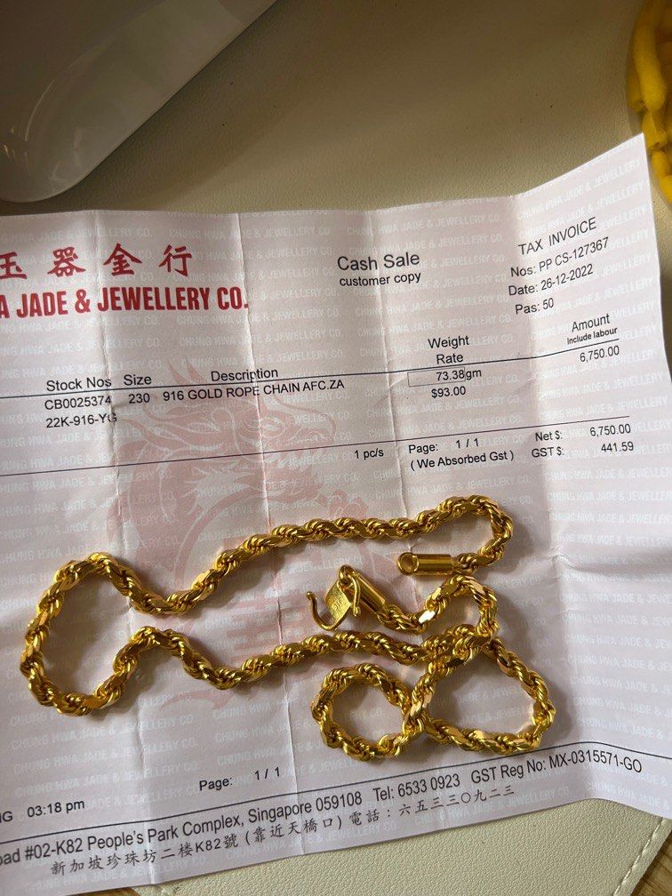 916 gold rope chain necklace 50cm 73.38g, Luxury, Accessories on Carousell