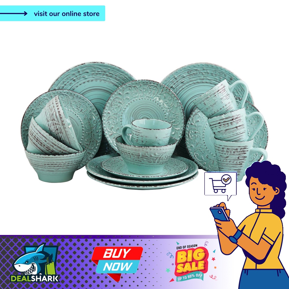Elama ELM Malibu Waves 16-Piece Dinnerware Set in Turquoise, 16pc (16pc ...