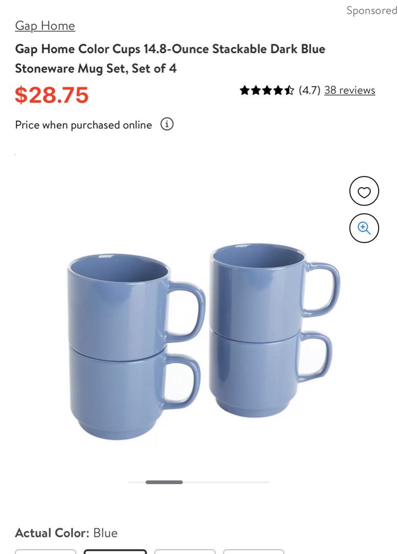 Gap Home Color Cups 14.8-Ounce Stackable Dark Blue Stoneware Mug Set ...