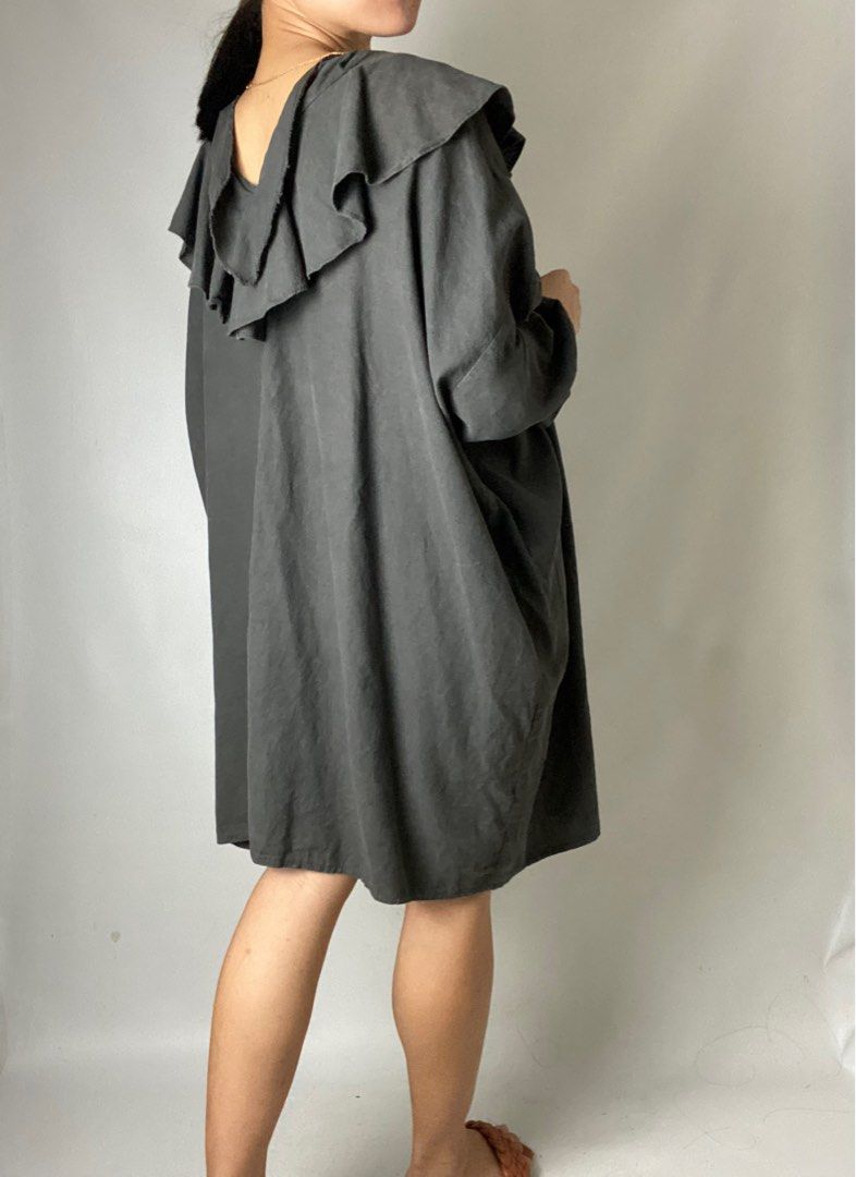 Moss green boxed linen mini dress in cascading round hem collar on ...