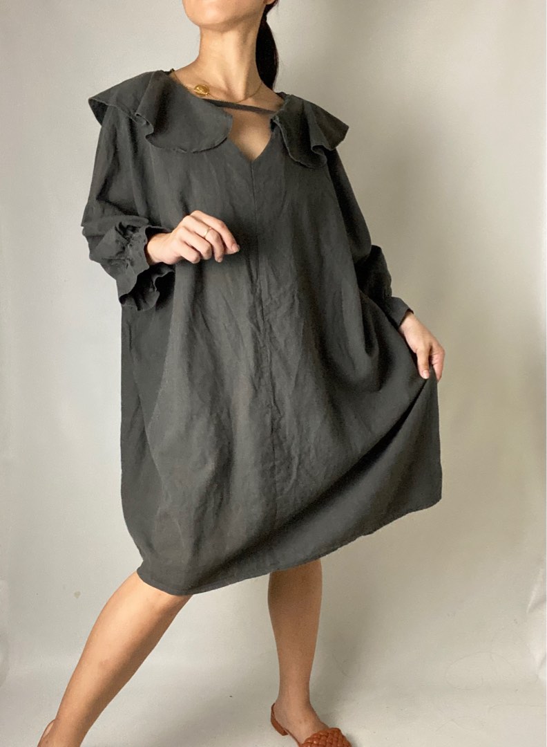 Moss green boxed linen mini dress in cascading round hem collar on ...