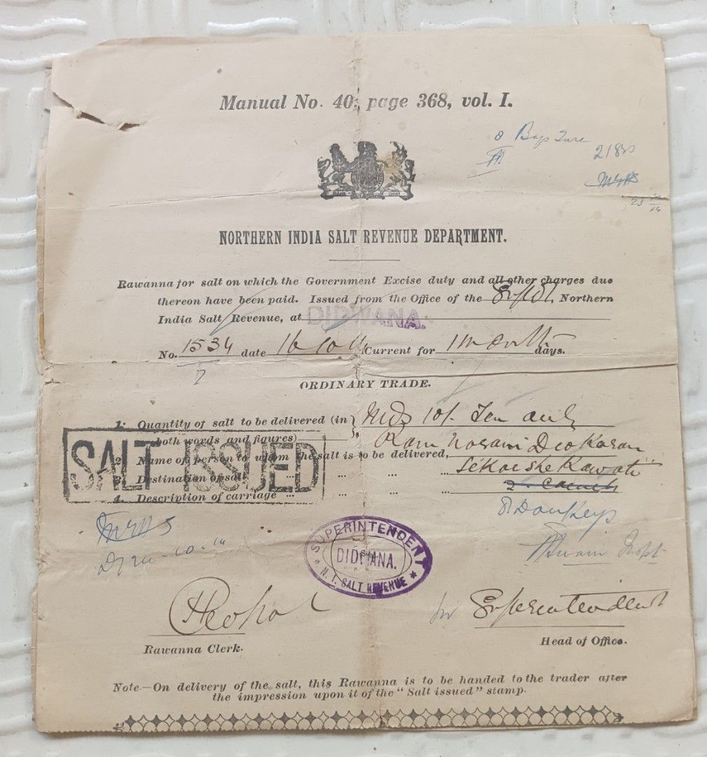 Northern India salt Revenue Department Tax Receipt 1914 at DIDWANA ...