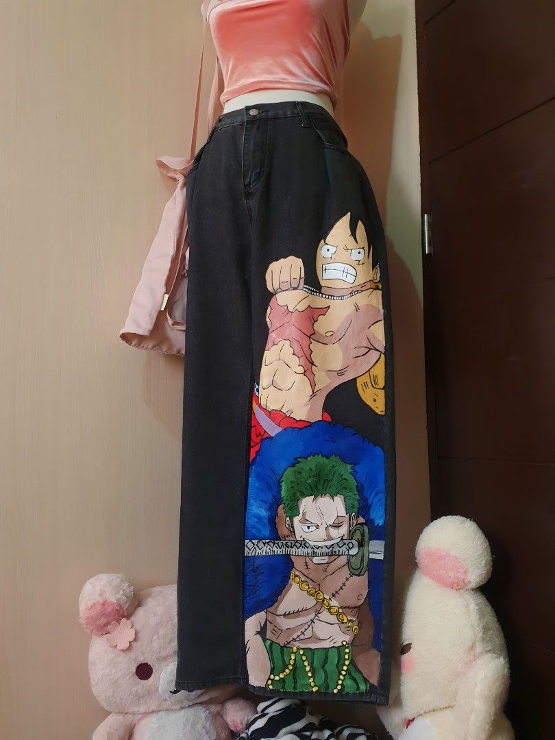 ONE PIECE LUFFY ZORO CUSTOM HANDPAINTED DENIM BAGGY PANTS, Women's ...