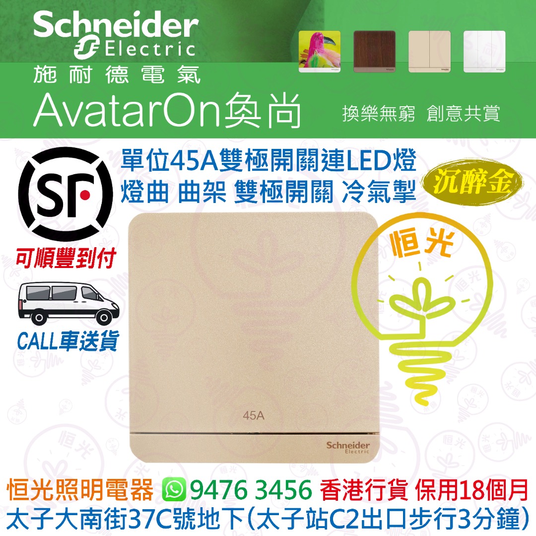 Schneider 施耐德 AvatarOn 奐尚 WG 沉醉金 金色 香檳金 單位45A雙極開關連LED燈 燈曲 曲架 雙極開關 ...