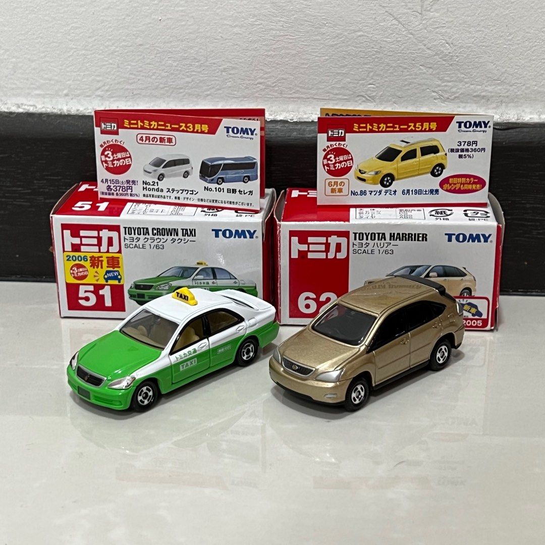 Tomica #51 Toyota Crown Taxi, #62 Toyota Harrier with New Car sticker, Hobbies & Toys, Toys ...