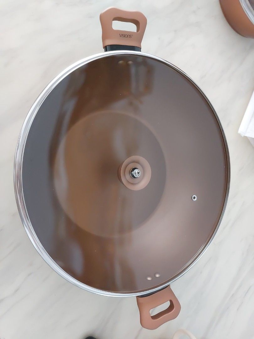 Visions metal cookware Chinese wok pan with glass lid 36cm across big ...