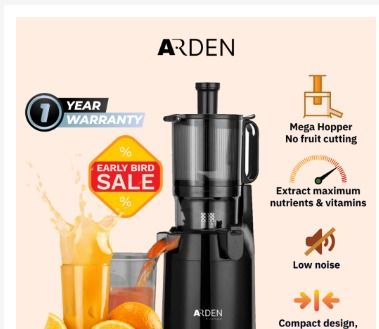 Arden Extra Large Cold Press Slow Juicer, Easy to Clean, Pulp Measuring ...