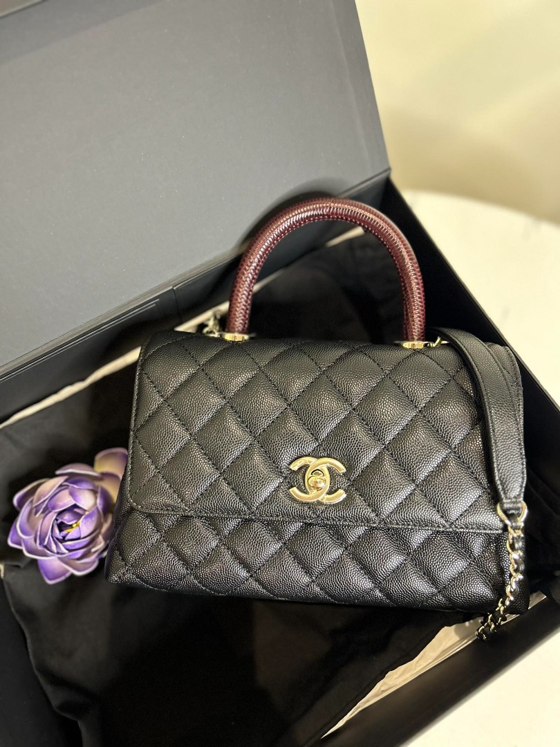 Chanel coco lizard handle small black ghw G75K5X1J BN, Luxury, Bags ...
