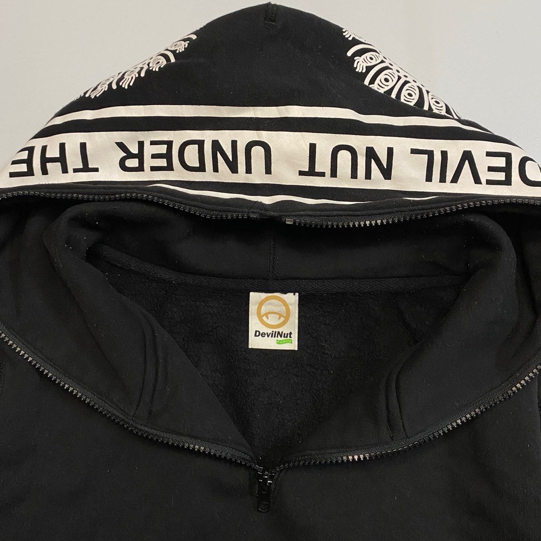 DevilNut Half zip Hoodie, Men's Fashion, Tops & Sets, Hoodies on Carousell