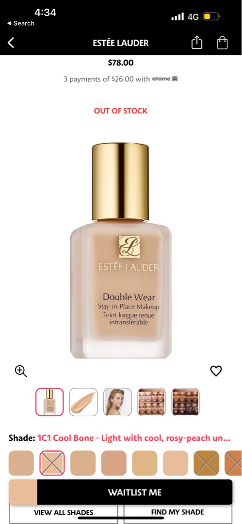 Estee Lauder Double Wear Foundation 1C1 Cool Bone, Beauty & Personal ...