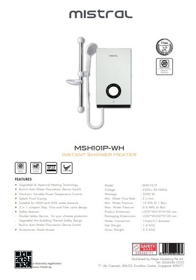 Mistral Instant Shower Heater MSH101P, TV & Home Appliances, Water ...