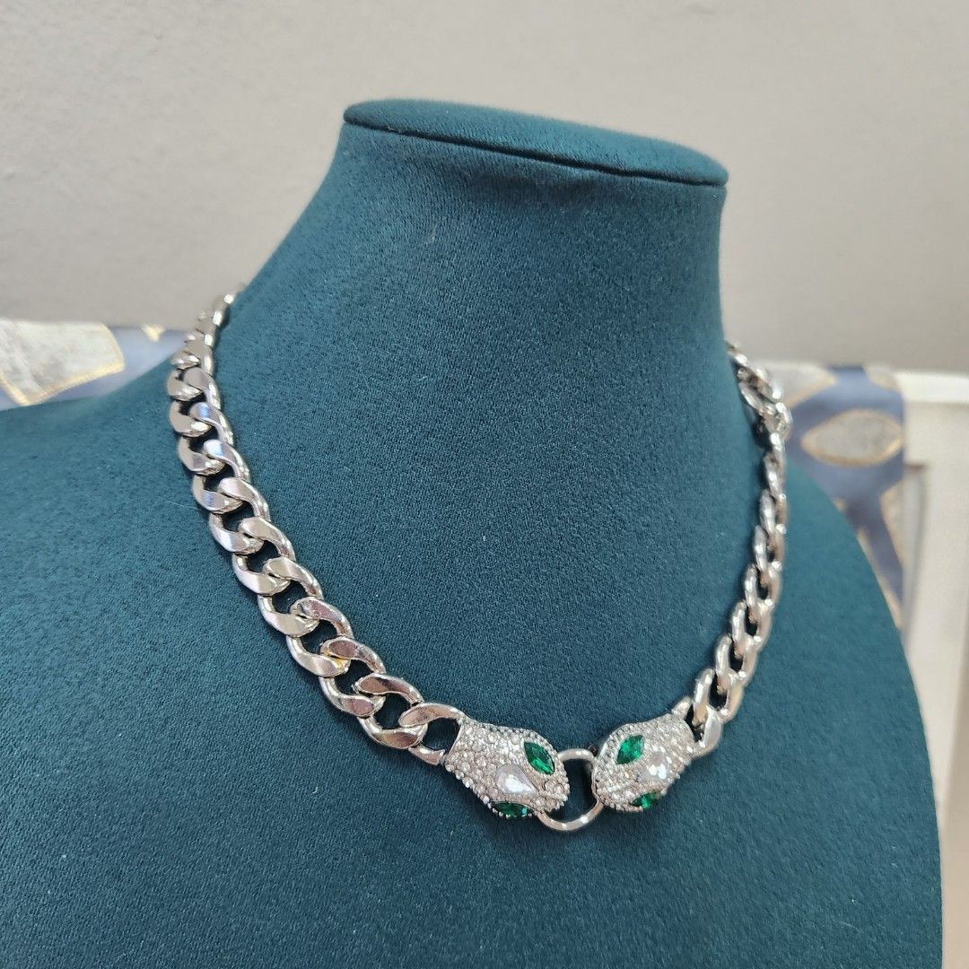 "SERPENT MAFIA" Thick Silver Chained Twin Head Snake Choker Necklace ...